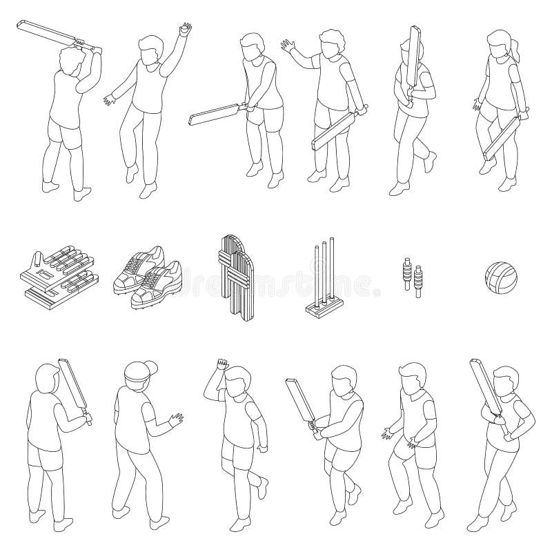 Kids Playing Cricket Icons Set Vector Outline Stock Vector ...