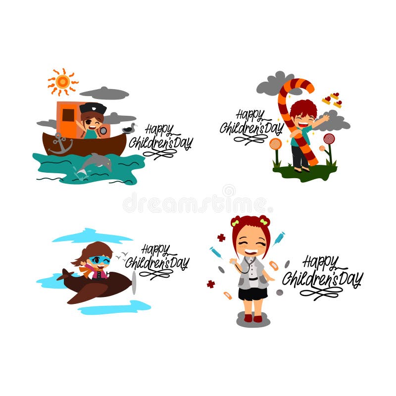 Kids Playing with Different Gestures, Poses and Situations Set. Happy ...