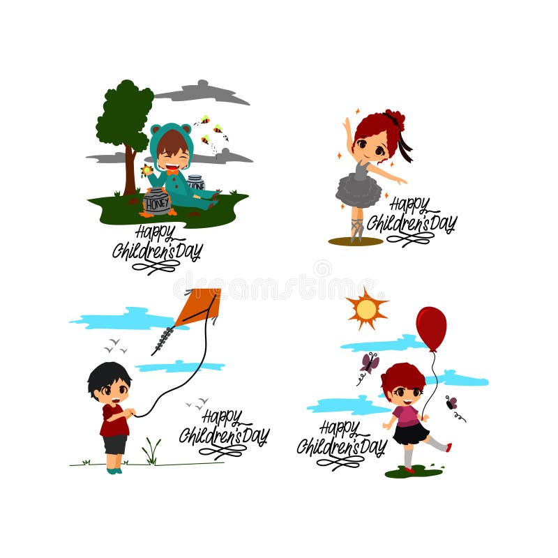 Kids Playing with Different Gestures, Poses and Situations Set. Happy ...