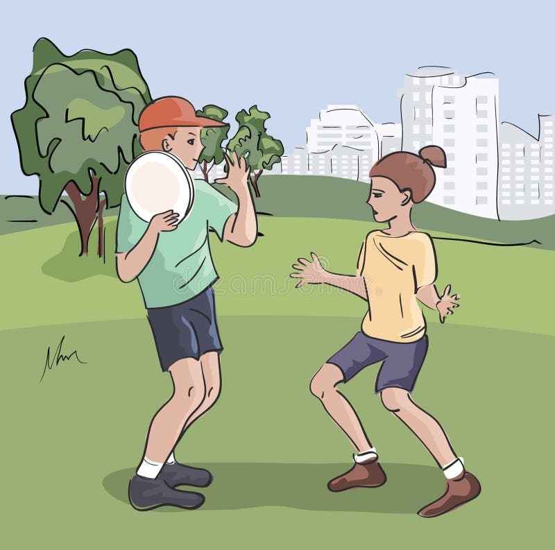 Kids Playing Frisbee at Park Stock Illustration - Illustration of ...