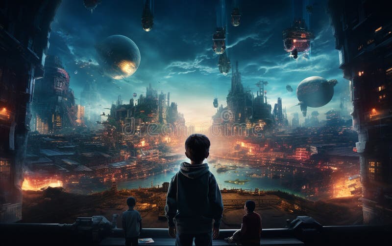 Kids Playing a Futuristic Advanced Game: Back View" Generative AI Stock ...
