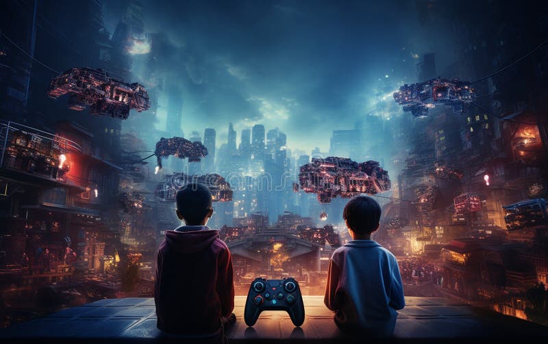 Kids Playing a Futuristic Advanced Game: Back View" Generative AI Stock ...