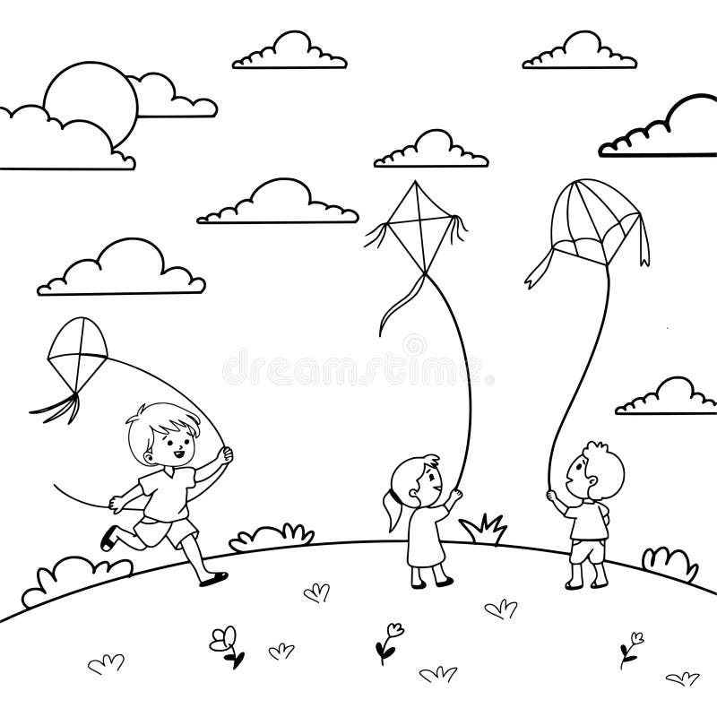 Kids Playing Kite Doodle Vector Illustration Line Art Colloring Stock ...
