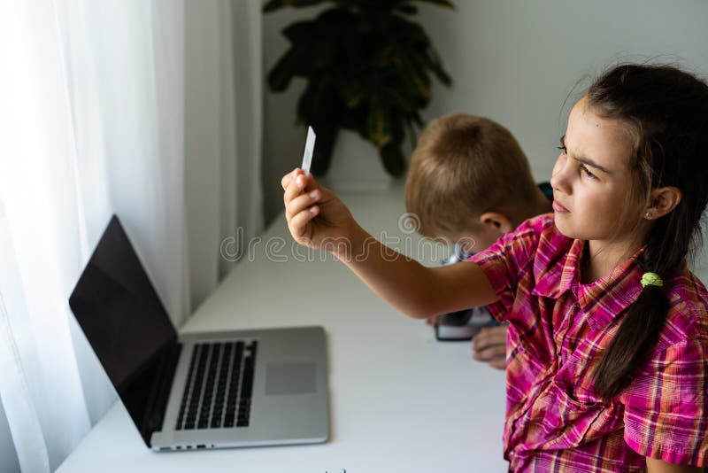 Kids Playing with Laptop Computer at Home Stock Photo - Image of ...