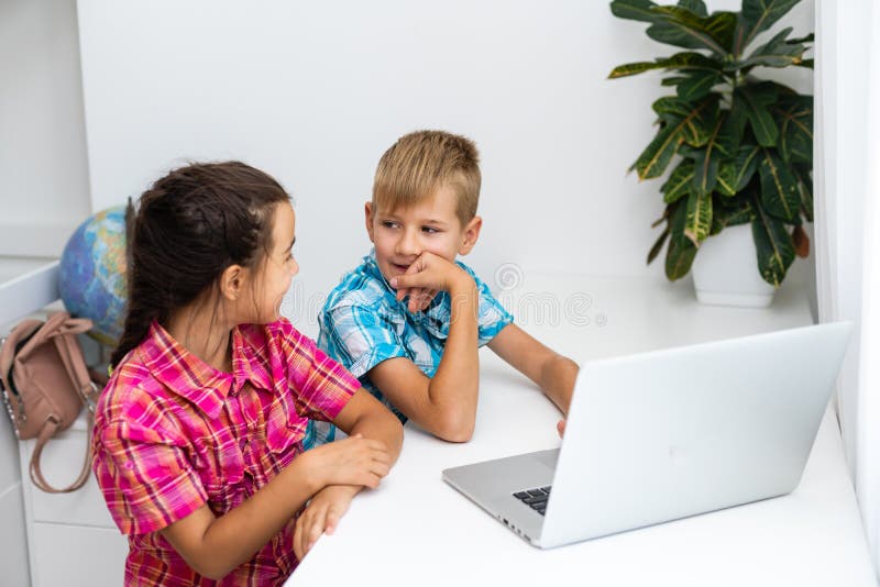Kids Playing with Laptop Computer at Home Stock Image - Image of ...