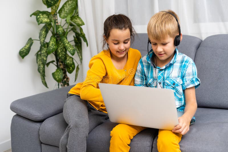 Kids Playing with Laptop Computer at Home Stock Image - Image of ...