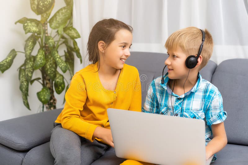 Kids Playing with Laptop Computer at Home Stock Image - Image of ...
