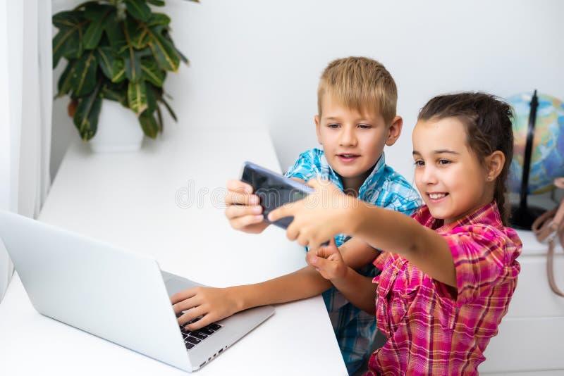 Kids Playing with Laptop Computer at Home Stock Image - Image of ...