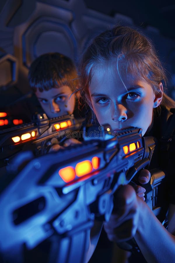 Kids Playing Laser Tag Against Blurred Backdrop with Ample Space for ...