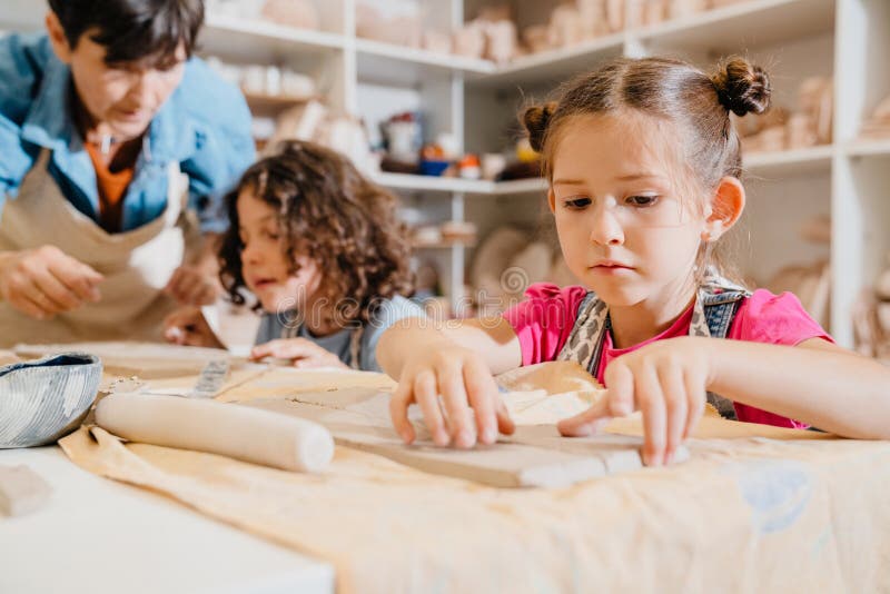 Kids Playing with Modeling Clay in Pottery Class Stock Image - Image of ...