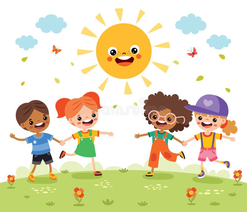 Kids Playing at Nature with Sun Stock Illustration - Illustration of ...