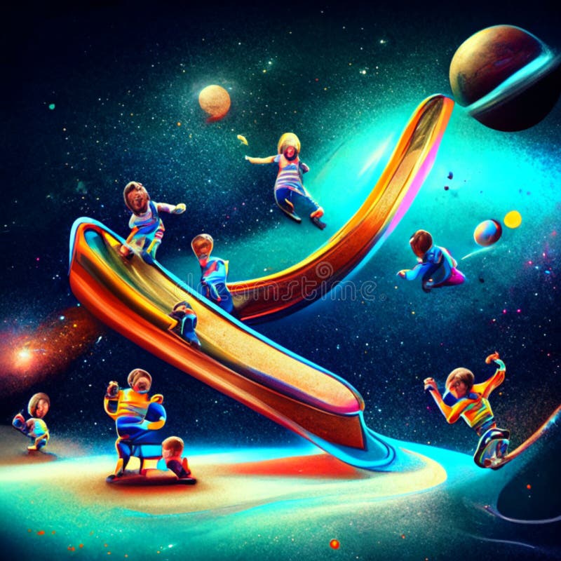 Kids Playing on a Slide in Outer Space. 3D Illustration Stock ...