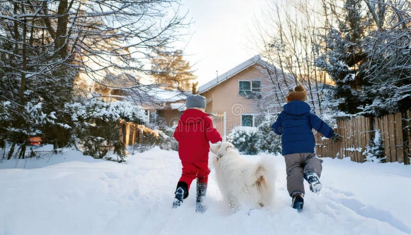 Kids Playing the Snow during Winter Time with the Pet Dogs Stock ...
