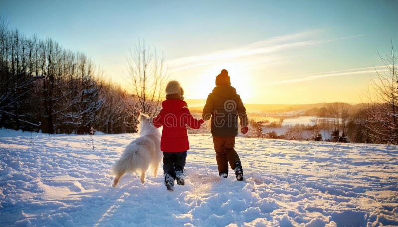 Kids Playing the Snow during Winter Time with the Pet Dogs Stock ...