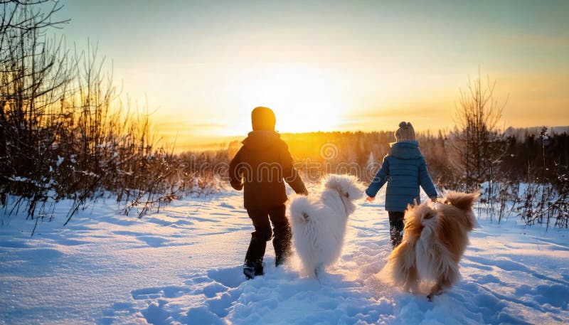Kids Playing the Snow during Winter Time with the Pet Dogs Stock ...