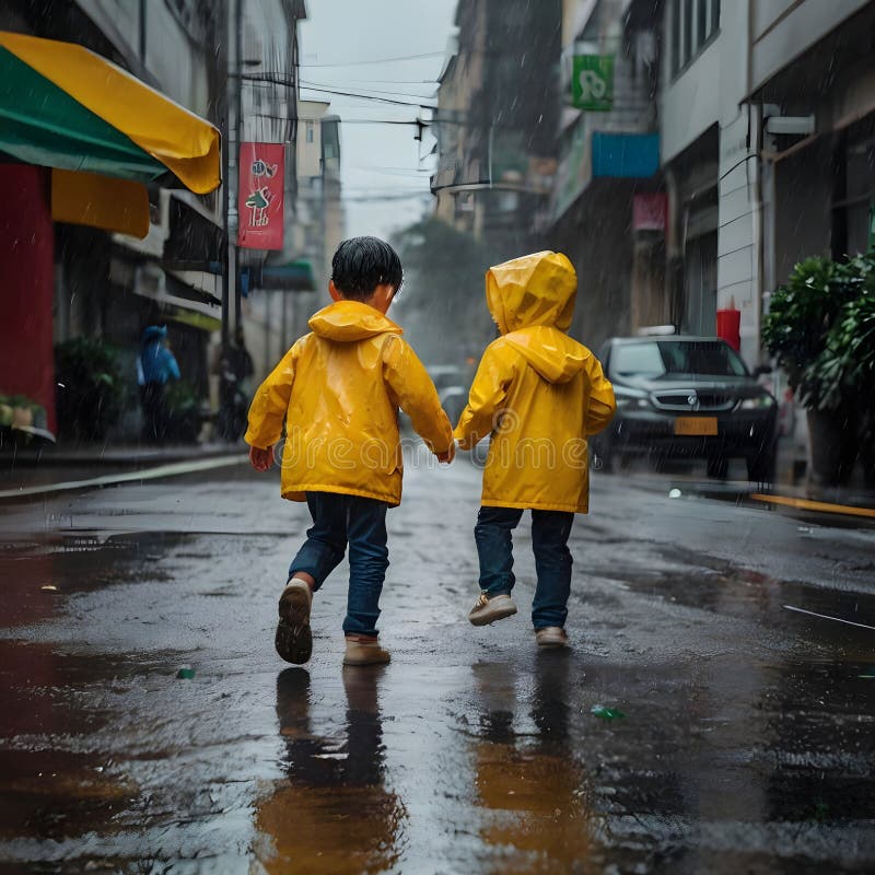 Kids are Playing in Street during Rain Stock Illustration ...
