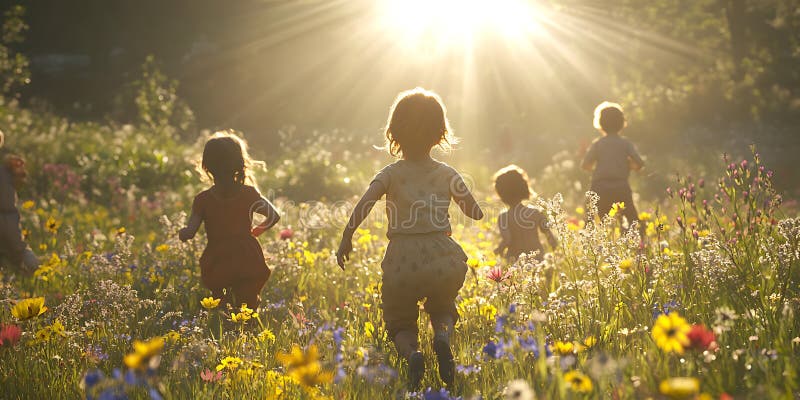 Kids Playing in Sunny Flower Field Background Wallpaper Stock ...