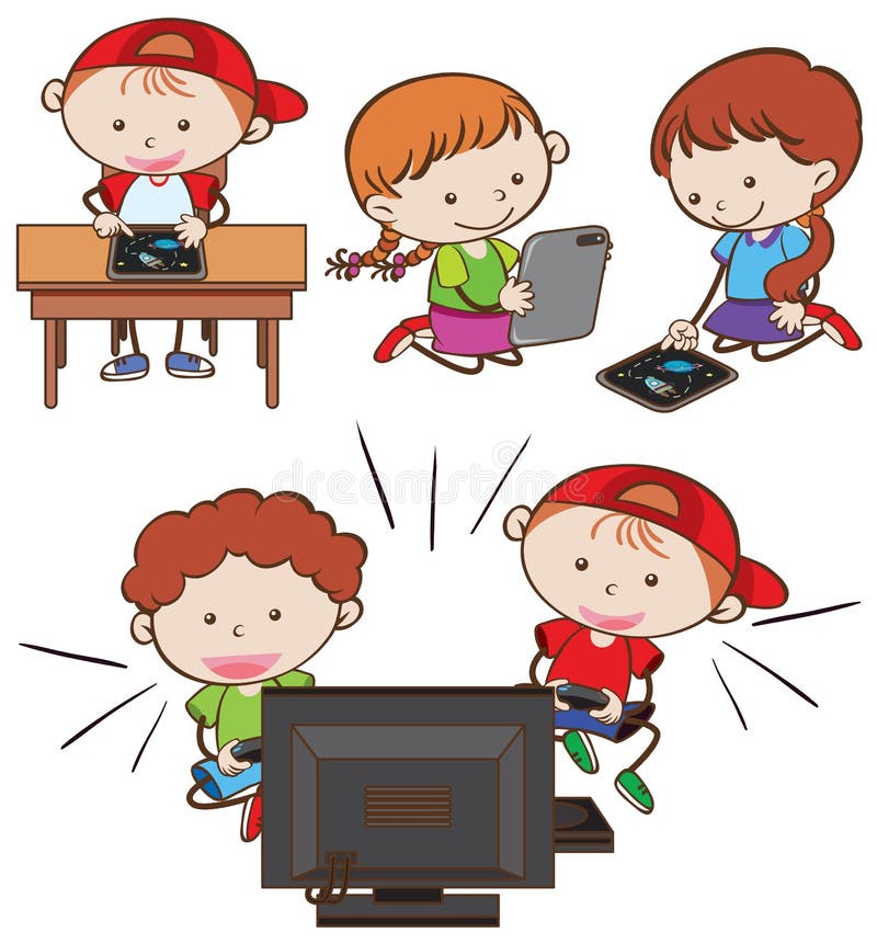 Kids Playing Tablet and Computer Game Stock Vector - Illustration of ...