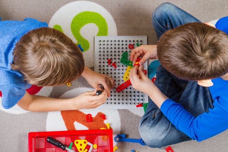 Kids Playing With Toys Tool Kit.Top View Stock Photo - Image of home ...