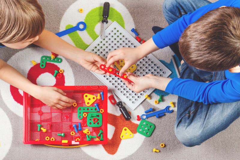 Kids Playing with Toys Tool Kit.Top View Stock Image - Image of play ...
