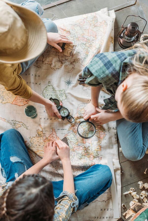 Kids Playing Treasure Hunt with Map on Porch Stock Image - Image of ...