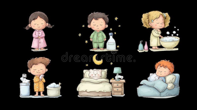 Kids Practicing Bedtime Routine, Praying, Brushing Teeth, and Sleeping ...