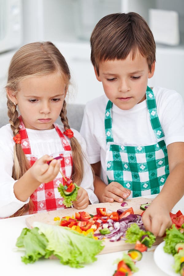 Kids Preparing a Vegetables Snack in the Kitchen Stock Photo - Image of ...