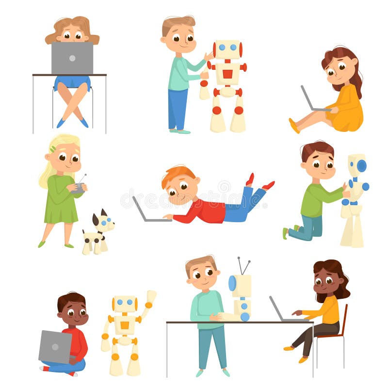 Kids Programmer Characters Set, Boys and Girls Using Computers ...