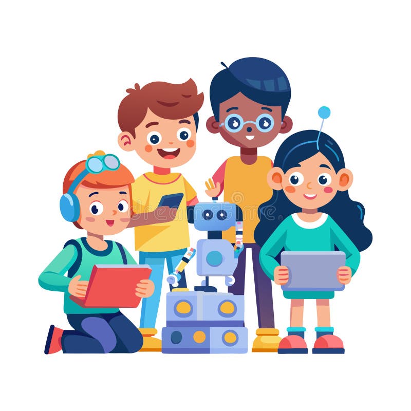 Kids Programming Robot: Group of Children Coding and Building a Robot Together Stock Vector ...
