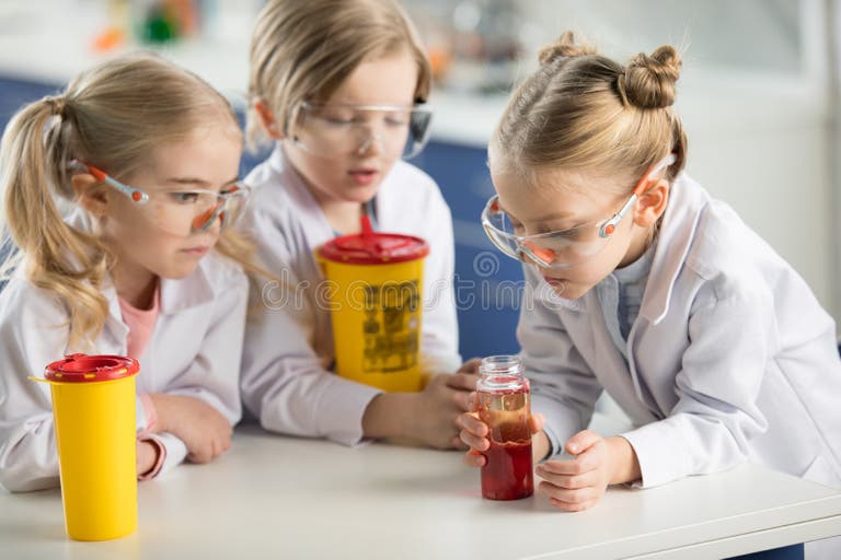 Kids in Protective Glasses Making Experiment Stock Photo - Image of ...