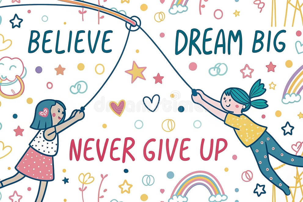 Kids Pulling Rainbow Dream Ropes, Motivational Message Stock ...