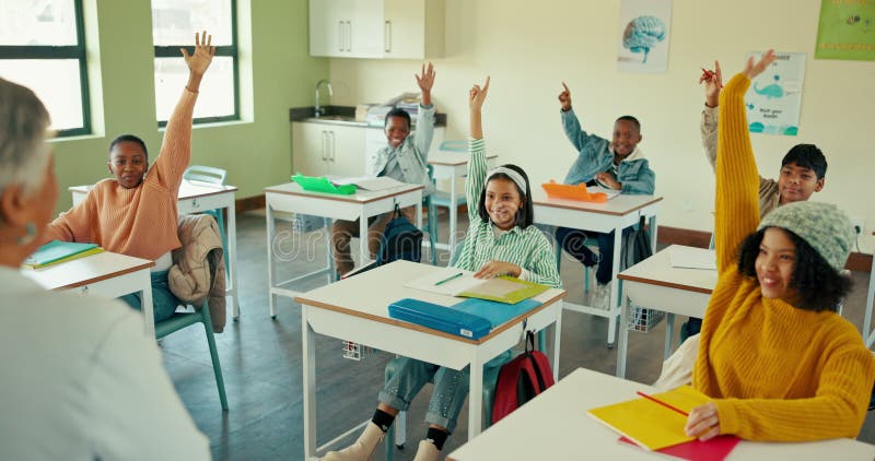 Kids, Questions and Students in Classroom with Teacher for Ideas in ...