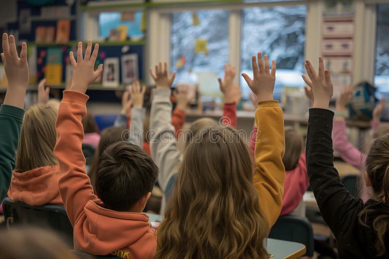 Kids Raising Hands in a Lively Classroom, View from the Back, the ...