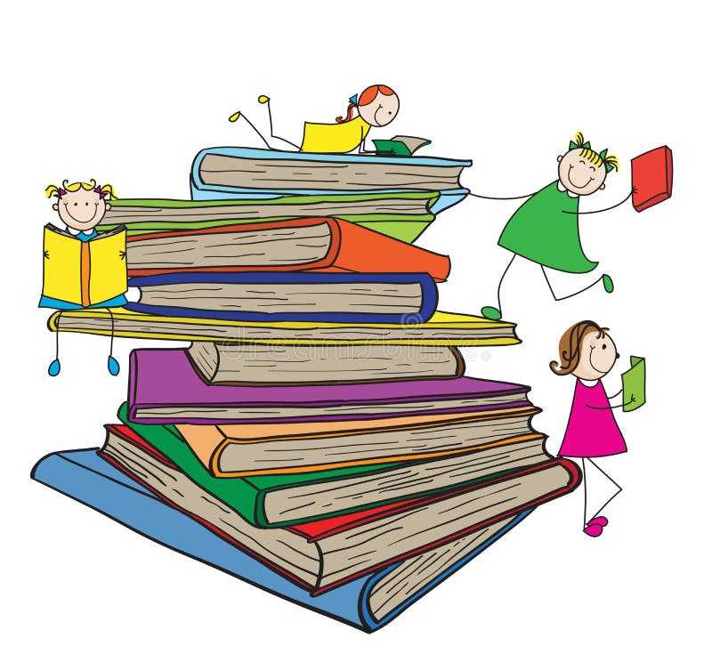 Kids Reading on Big Books Stack Stock Vector - Illustration of ...