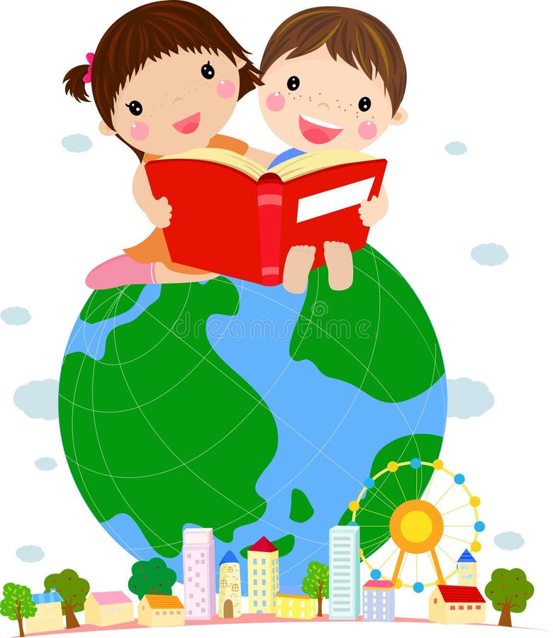 Kids Reading Book Sitting on Globe Stock Vector - Illustration of study ...