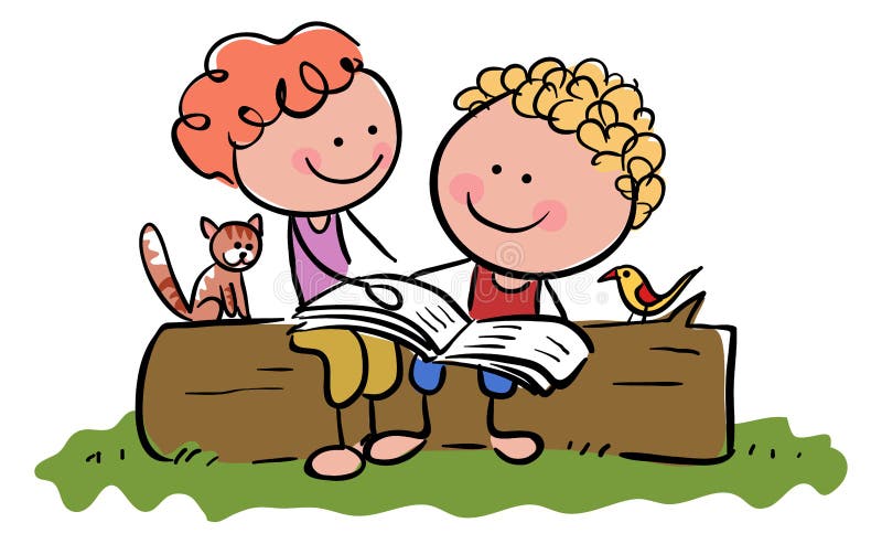 Kids-reading-book-cartoon-Education-illustration. Little Girls Studying ...