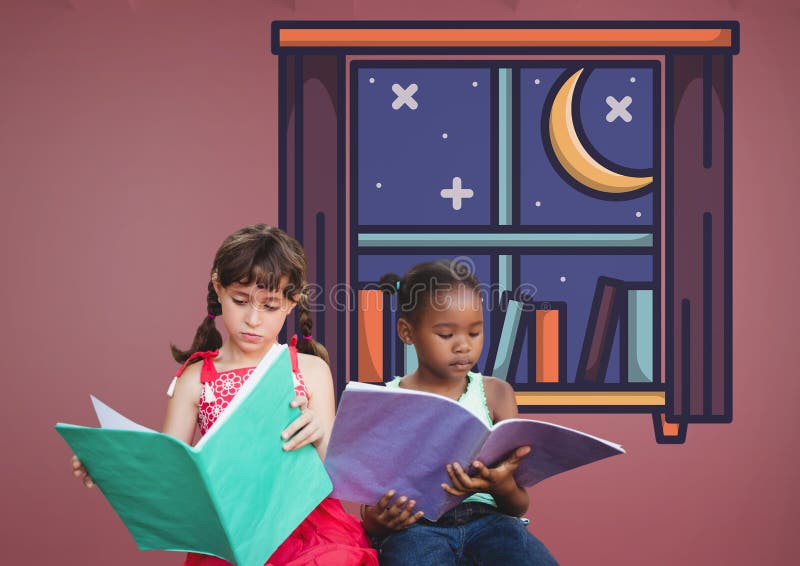 Kids Reading in Front of Pink Background with Night Time Magical Window ...