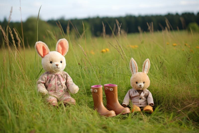 Kids Rubber Boots and a Soft Toy Rabbit on a Grassy Field Stock ...