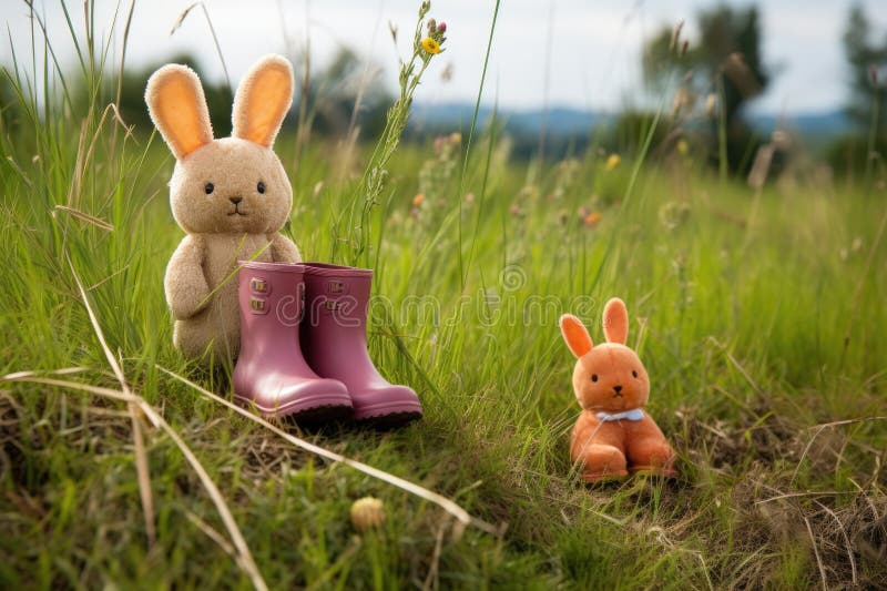 Kids Rubber Boots and a Soft Toy Rabbit on a Grassy Field Stock Image ...
