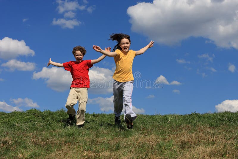 Kids running stock image. Image of sporty, grass, summer - 4900601