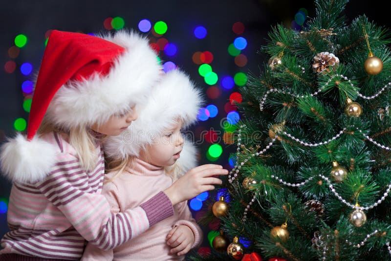 Kids in Santa Hat on Bright Festive Background Stock Photo - Image of ...