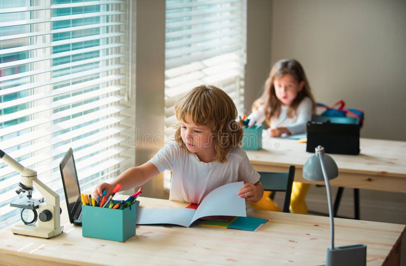 Kids at School. School Boy with Writing Lesson. Stock Photo - Image of ...
