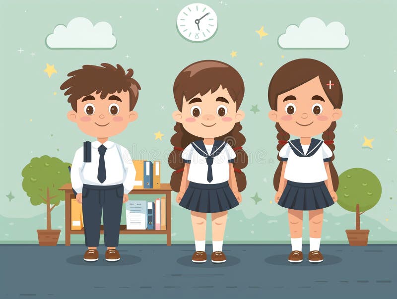 Kids in School Uniforms Flat Design Front View Classroom Theme Cartoon ...