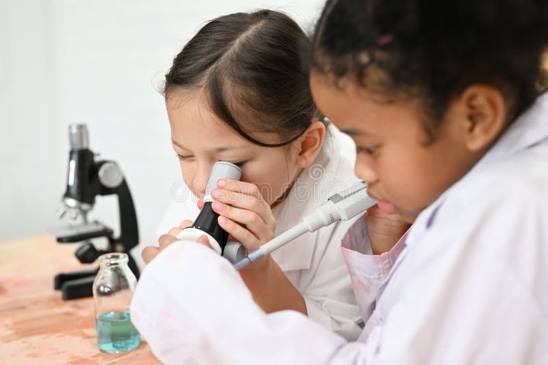 Kids with Science Lab Coat Studying and Learning in Science at School ...