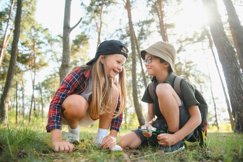 Kids scouts in the forest. stock image. Image of young - 255418671