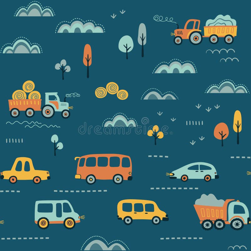 Kids Seamless Pattern with Cars, Buses Abd Tractors Stock Vector ...