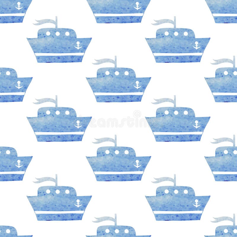 Kids Seamless Vector Watercolor Pattern with Ships, Boats on White ...