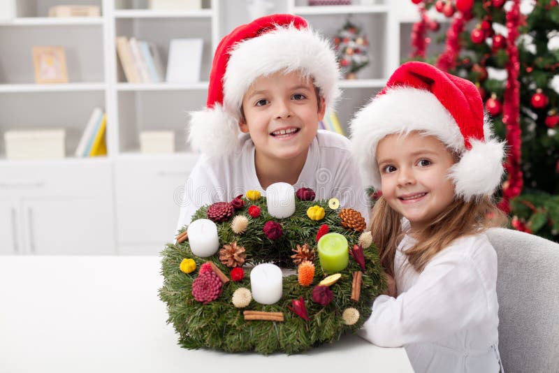 Kids with Self Decorated Advent Wreath Stock Photo - Image of holly ...