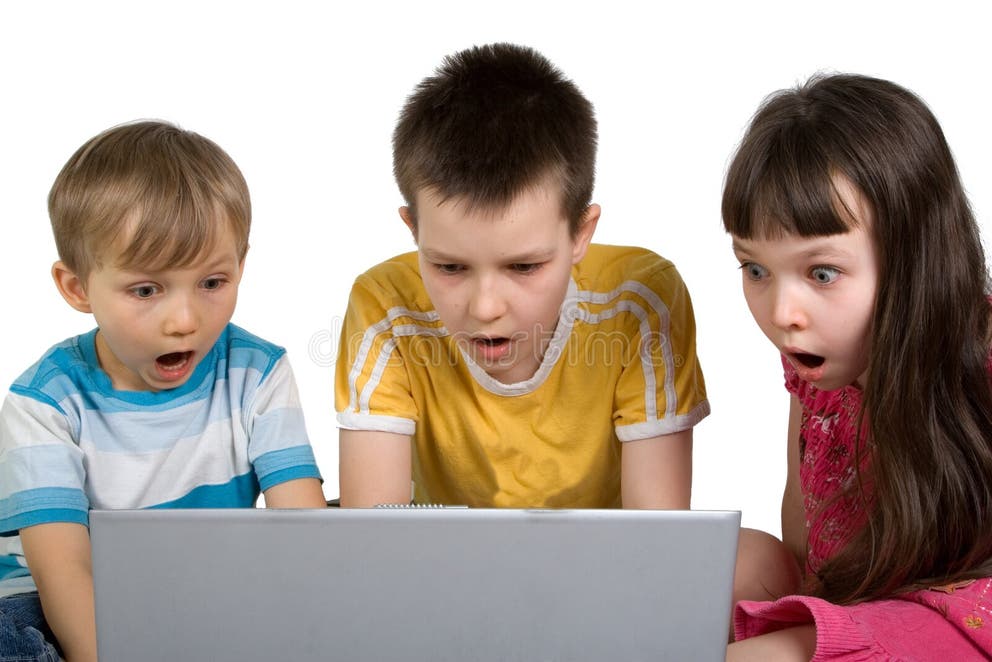Kids Shocked by Something on Computer Stock Photo - Image of ...