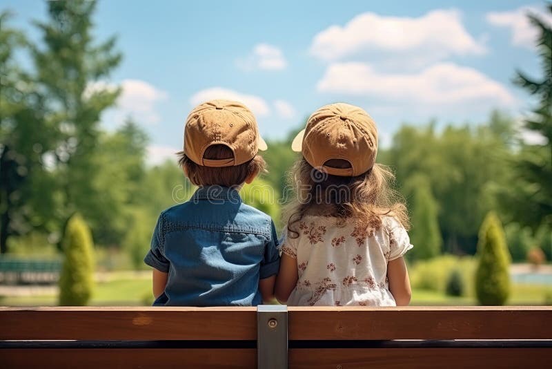 Kids Sitting on the Bench stock illustration. Illustration of male ...
